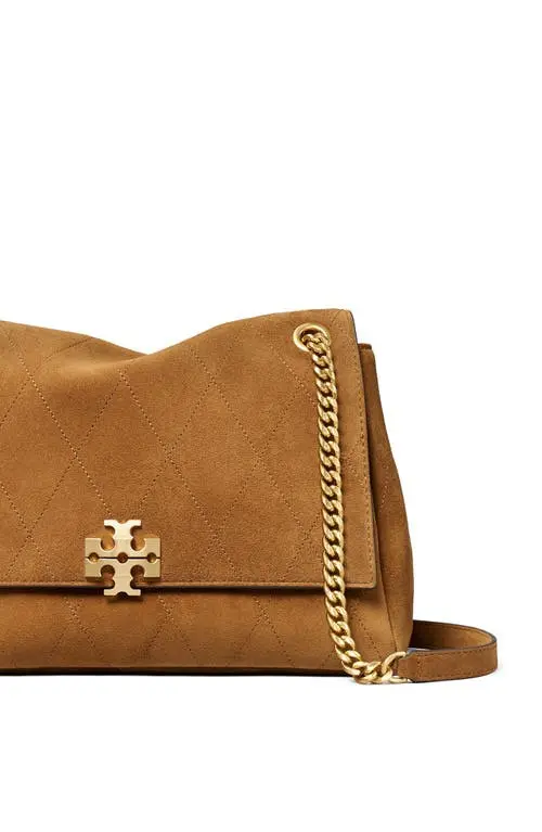 Tory Burch Charlie Quilted Suede Shoulder Bag - Caramel