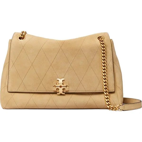 Tory Burch Charlie Quilted Suede Shoulder Bag - Stone