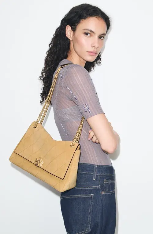 Tory Burch Charlie Quilted Suede Shoulder Bag - Stone
