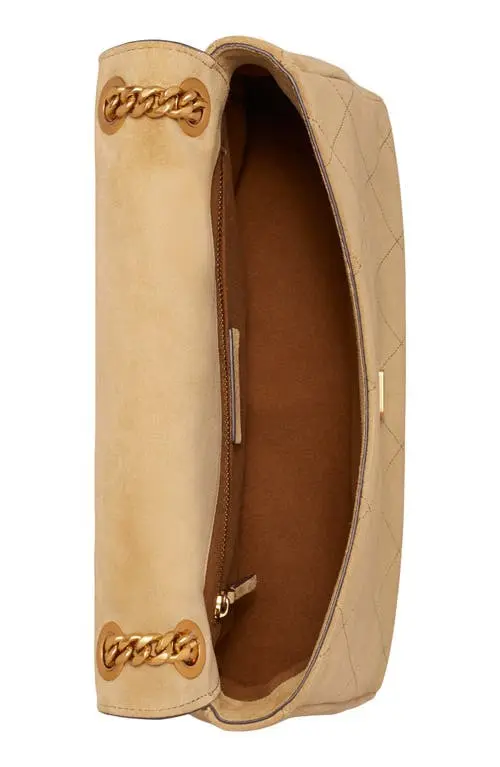 Tory Burch Charlie Quilted Suede Shoulder Bag - Stone