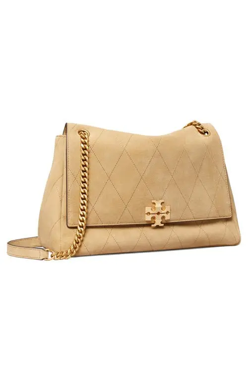 Tory Burch Charlie Quilted Suede Shoulder Bag - Stone