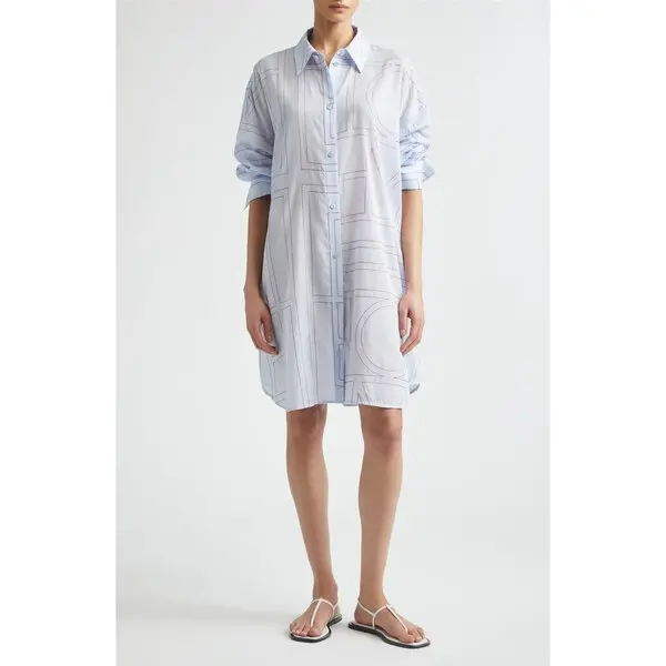 TOTEME Long Summer Long Sleeve Logo Embroidered Shirtdress - Sky/red
