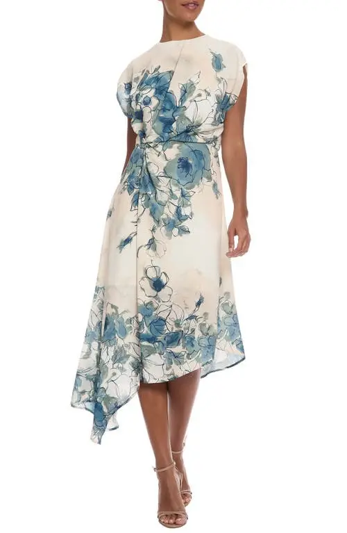 Maggy London Placed Floral Cap Sleeve Asymmetric Hem Midi Dress - Ivory/blue