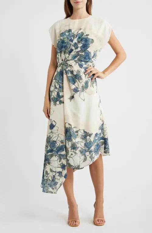 Maggy London Placed Floral Cap Sleeve Asymmetric Hem Midi Dress - Ivory/blue