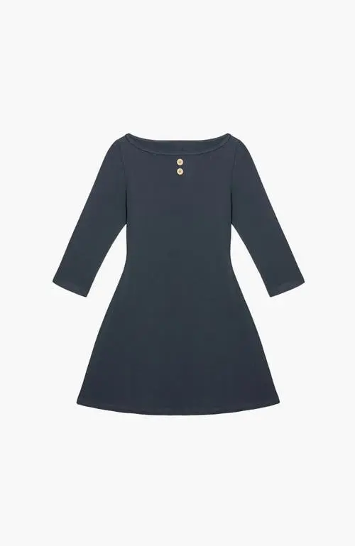 ODDLI 3/4 Sleeve Boatneck Dress With Decorative Buttons - Navy