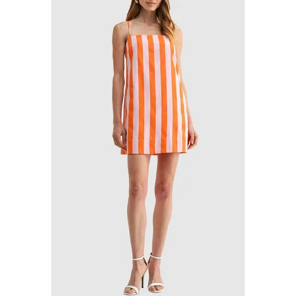 ALL IN FAVOR Striped Spaghetti Strap Square Neck Mini Dress - Pink Orange