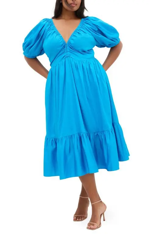 City Chic Grace Puff Sleeve Midi Dress - Azure