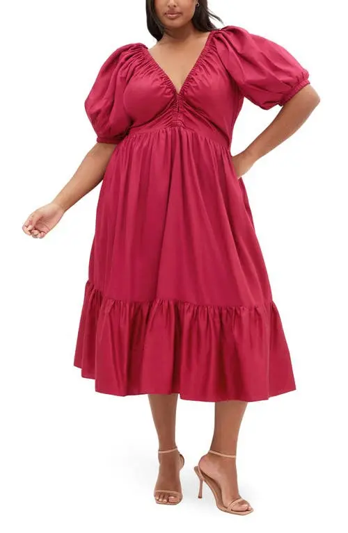 City Chic Grace Puff Sleeve Midi Dress - Raspberry