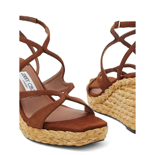 JIMMY CHOO Suede Raffia Wedge Sandals - Brown