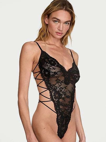 Victoria's Secret Dream Angels Lace Strappy Peekaboo Teddy - Black