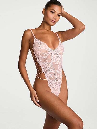 Victoria's Secret Dream Angels Lace Strappy Peekaboo Teddy - Pink