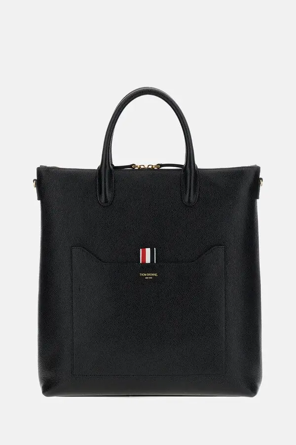 Thom Browne Vertical Tote In Pebble-grain Leather - Nero