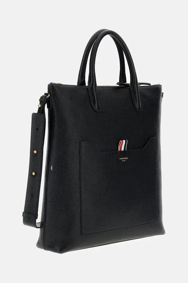 Thom Browne Vertical Tote In Pebble-grain Leather - Nero