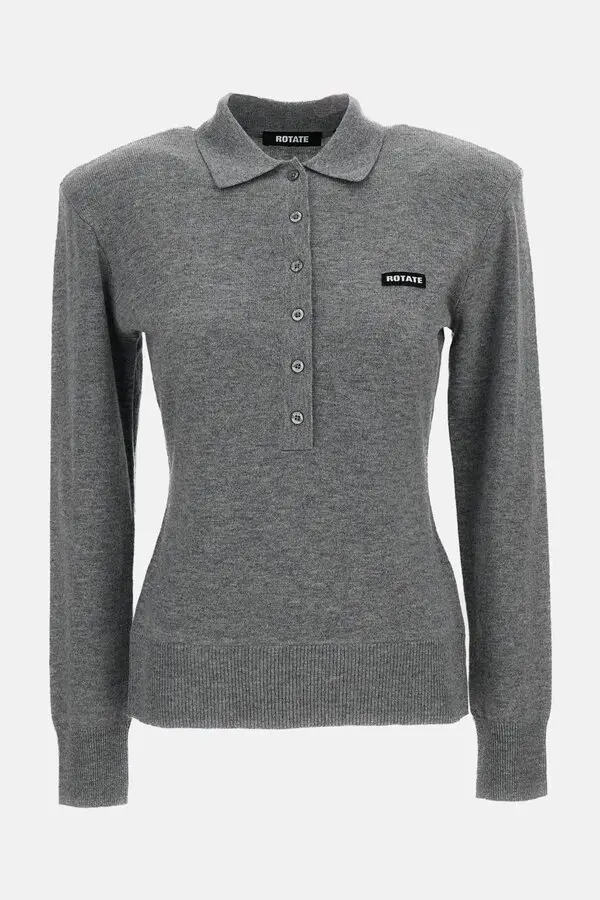 ROTATE BY BIRGER CHRISTENSEN Merino Wool & Cashmere Blend Long Sleeve Polo - Grey