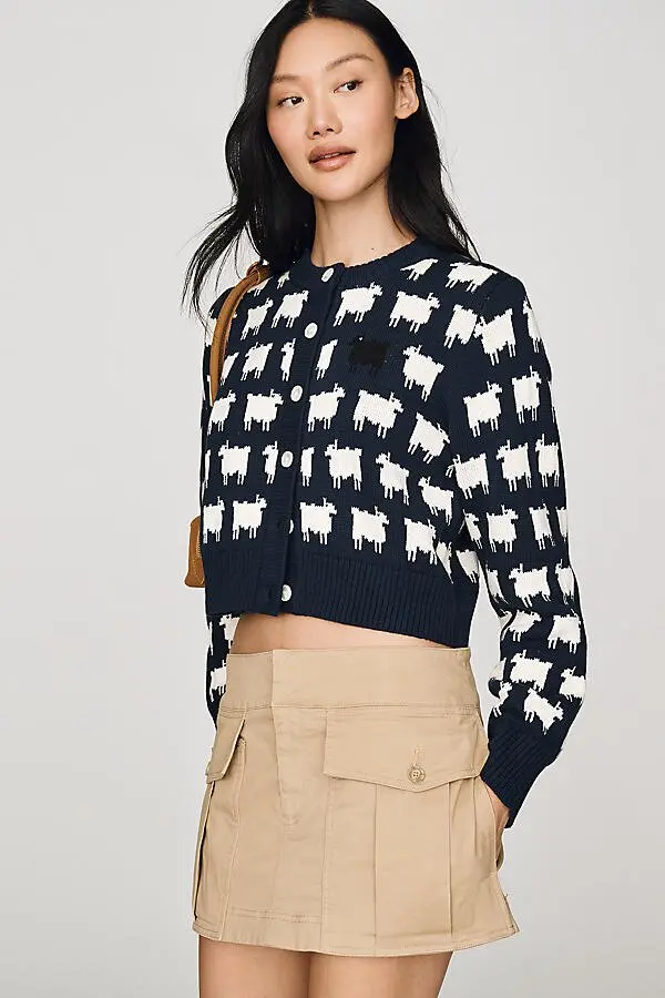ROWING BLAZERS Cropped Sheep Intarsia Cardigan - Navy