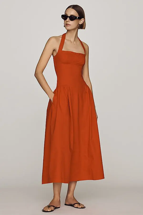 Maeve Poplin Halter Midi Dress - Red