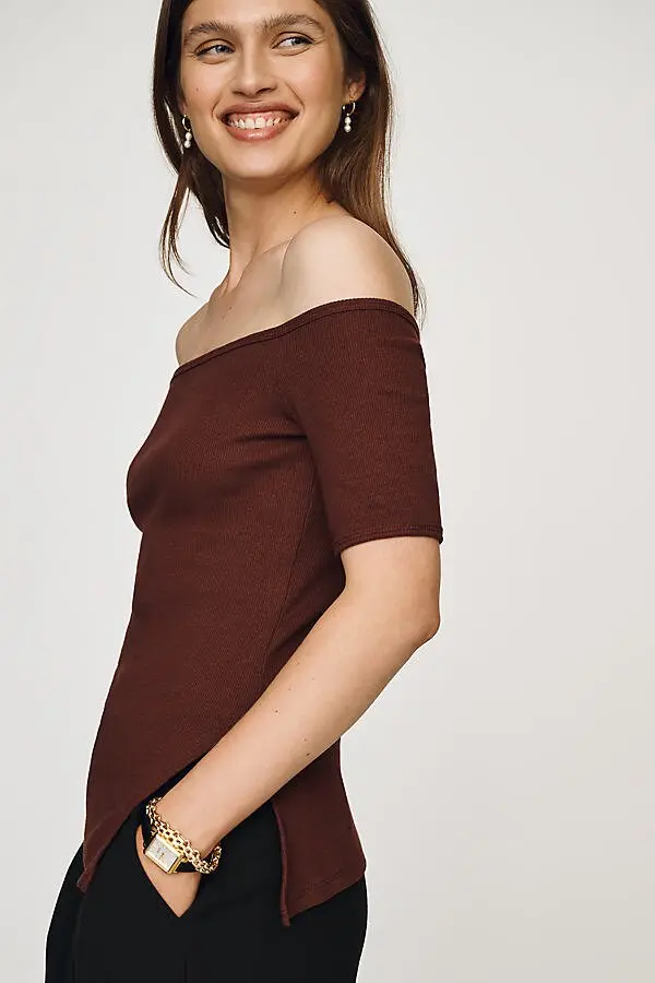 Maeve Off-the-shoulder Stretch Knit Tee - Brown