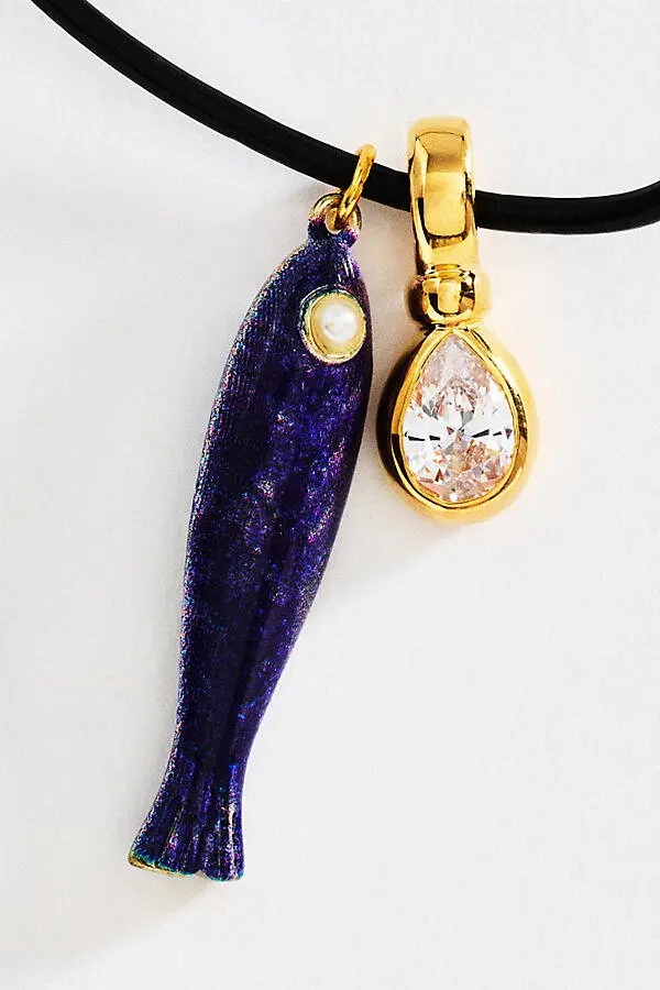 BY ALONA Leather Cord Necklace With Gold-plated Cubic Zirconia And Acrylic Fish Pendants