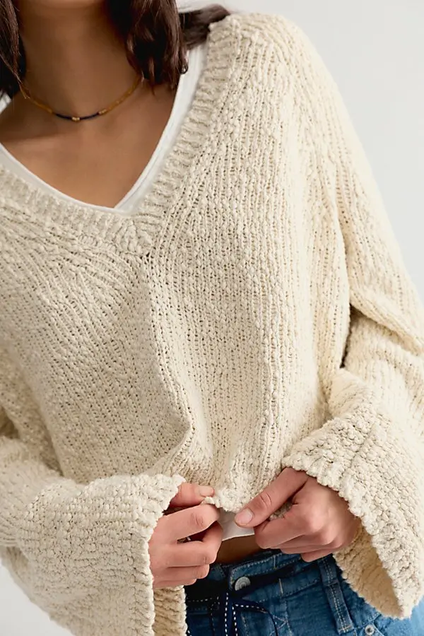 Free People Heartland Cropped Pullover With Flared Sleeves - Tofu