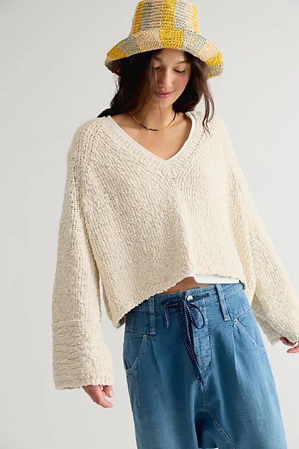 Free People Heartland Cropped Pullover With Flared Sleeves - Tofu
