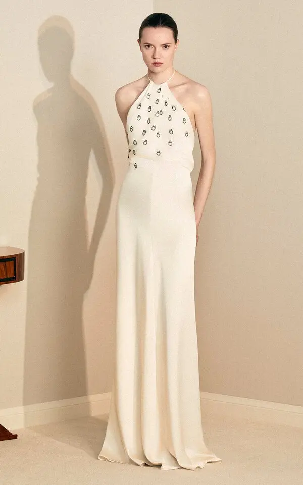 Victoria Beckham Embroidered Halter Neck Maxi Dress