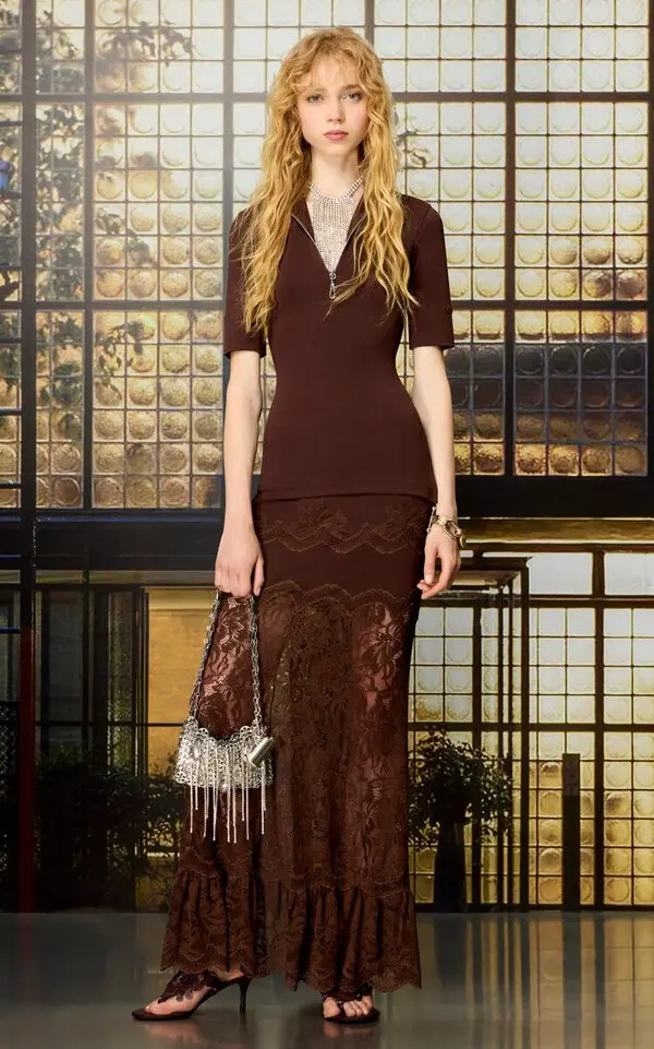 Rabanne Lace Ruffle Maxi Skirt - Brown