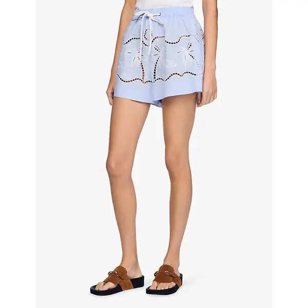 Sandro Embroidered Drawstring-waist Cotton Shorts