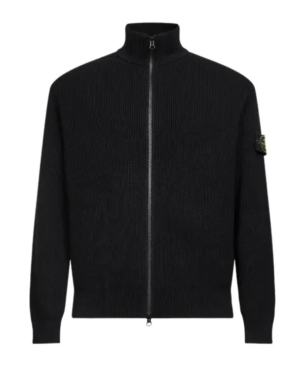 Stone Island Ribbed Knit Zip-up Cardigan - Black