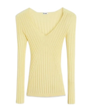 JIL SANDER Ribbed V-neck Long Sleeve Top - Limewash