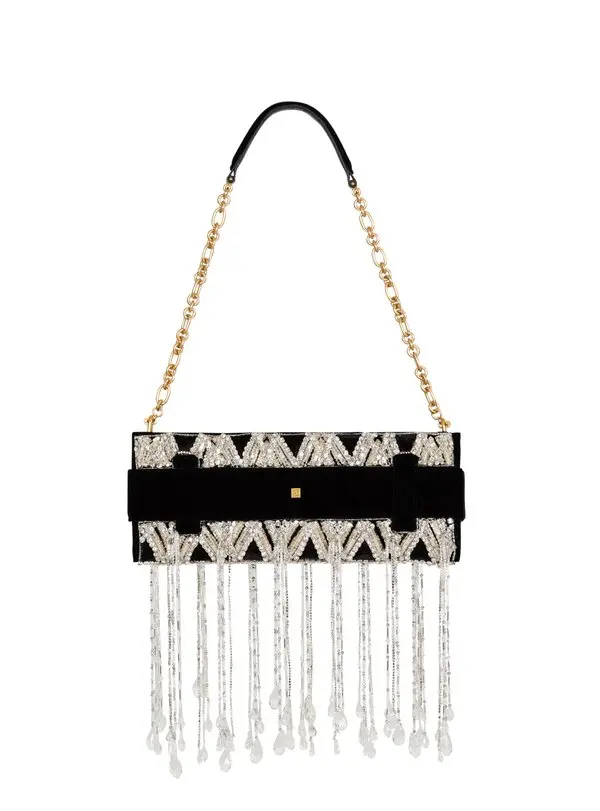 Balmain Embroidered Velvet Clutch With Crystal Embellishments