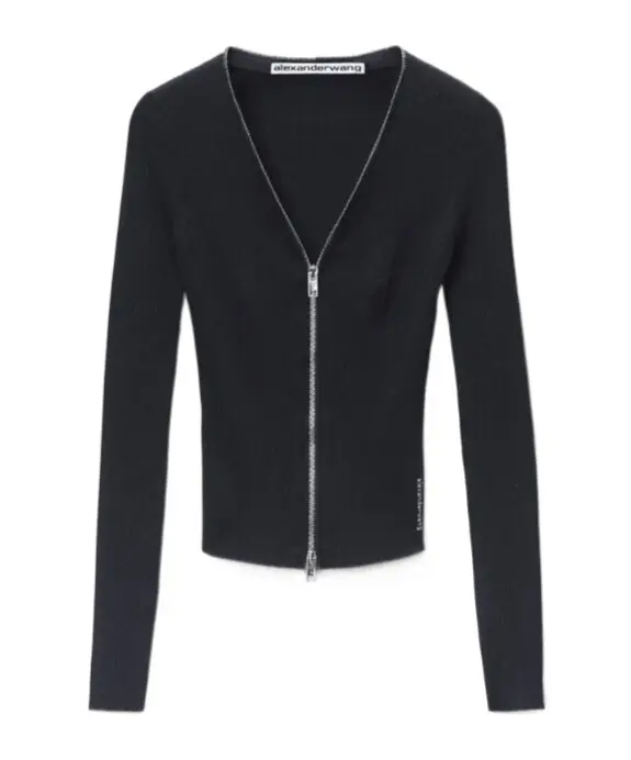 Alexander Wang V-neck Long Sleeve Pointelle Zip Cardigan - Black