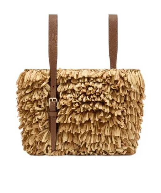 VALEXTRA Soft Wavy Raffia Bucket Bag - Beige/chocolate Brown