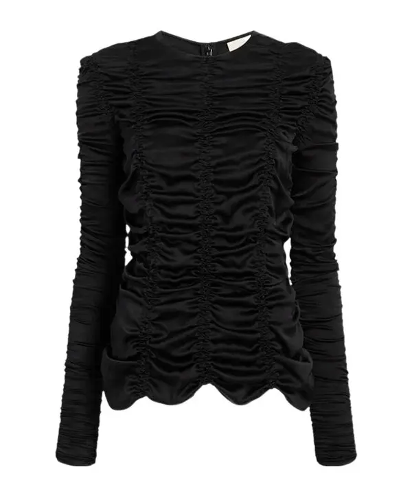 Khaite Pleated Crew Neck Long Sleeve Top - Black