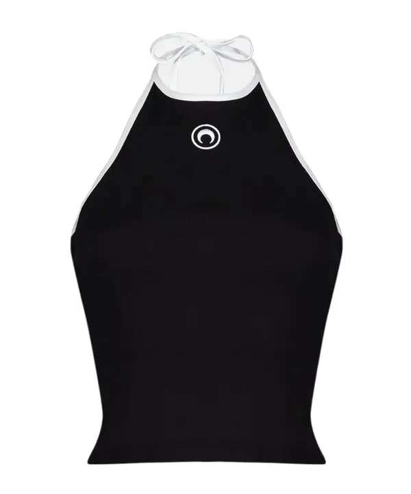 MARINE SERRE Moon Logo Bicolor Jersey Halter Tank Top - Black