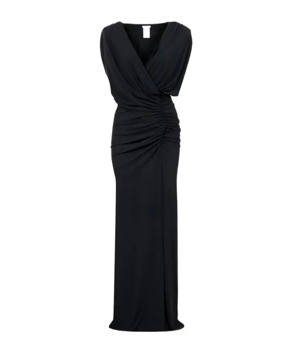 AMAZUIN V-neck Draped Maxi Dress With Front Slit