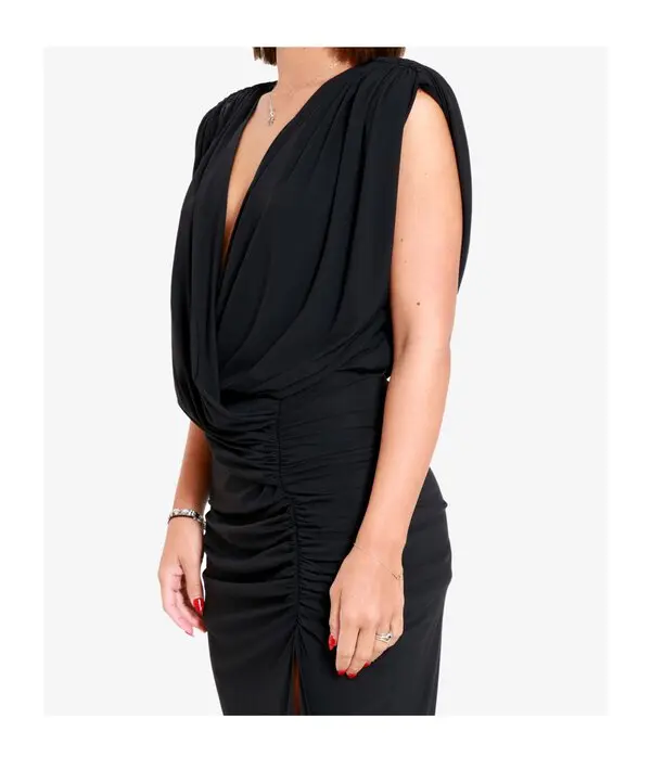 AMAZUIN V-neck Draped Maxi Dress With Front Slit
