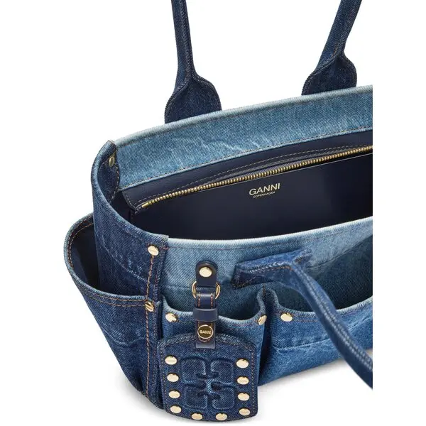 GANNI Denim Top Handle Bag With Studded Details