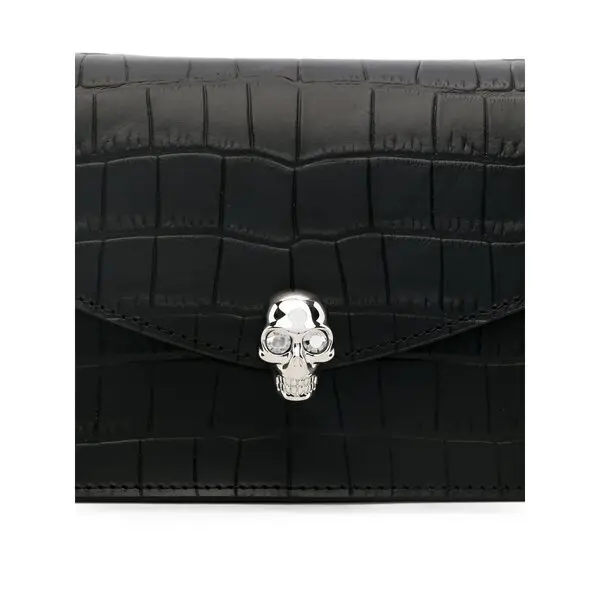 Alexander McQueen Croc Effect Leather Shoulder Bag With Silver-tone Skull Plaque