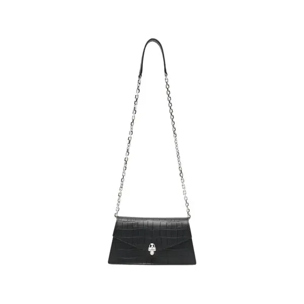 Alexander McQueen Croc Effect Leather Shoulder Bag With Silver-tone Skull Plaque - Black