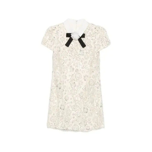 SELF-PORTRAIT Sequin Embellished Short Sleeve Dress - Cream