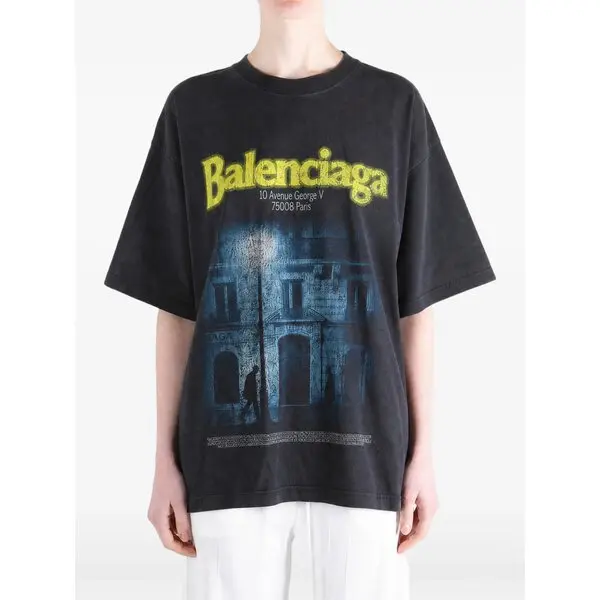 Balenciaga Washed Effect Graphic Print Cotton T-shirt