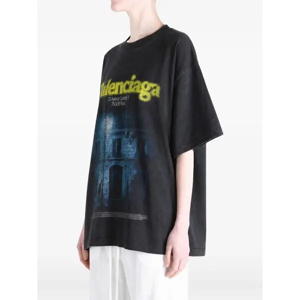 Balenciaga Washed Effect Graphic Print Cotton T-shirt