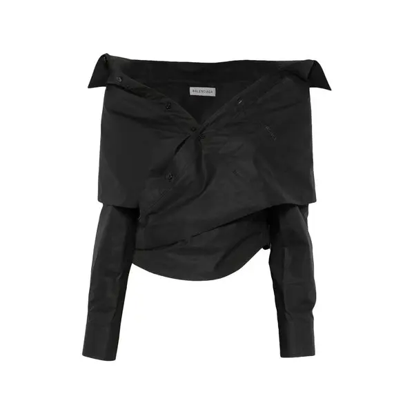Balenciaga Off-shoulder Wrap Blouse With Buttoned Cuffs And Rear Tie - Blue