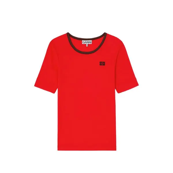 GANNI Short Sleeve T-shirt With Logo Detail - Red