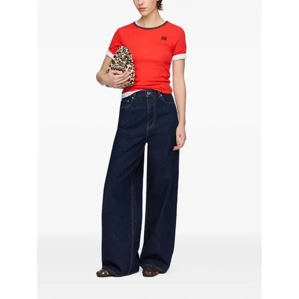 GANNI Short Sleeve T-shirt With Logo Detail - Red