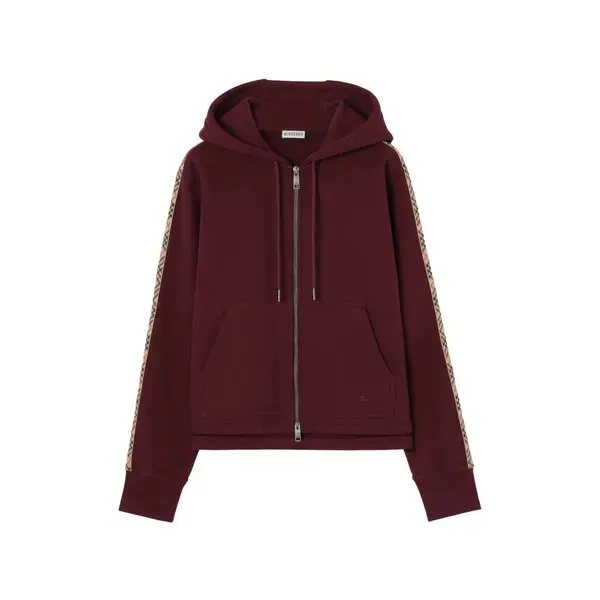 Burberry Zip Hoodie With Equestrian Knight Design And Check Taping - Red