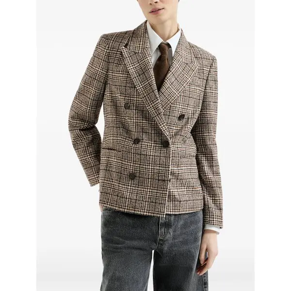 Brunello Cucinelli Wool Alpaca Blend Plaid Double-breasted Blazer - Brown