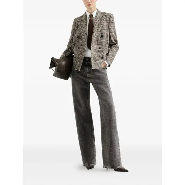 Brunello Cucinelli Wool Alpaca Blend Plaid Double-breasted Blazer - Brown