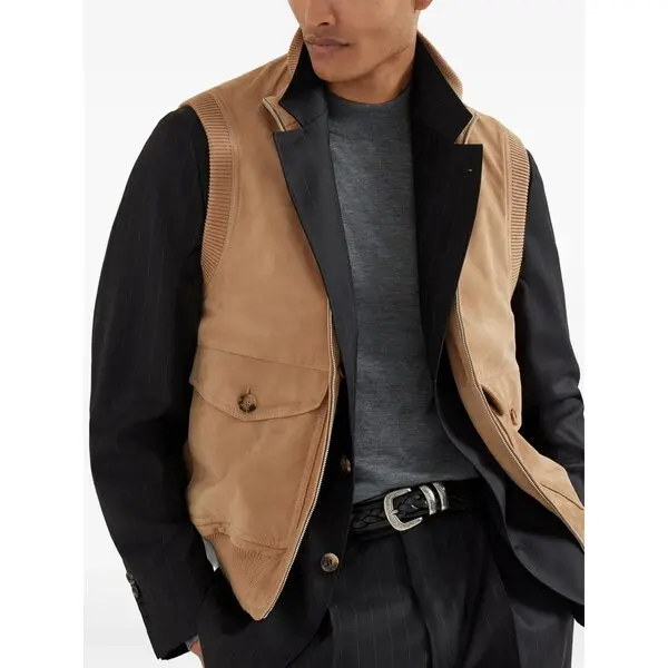 Brunello Cucinelli Suede Zip Vest With Ribbed Trims - Cream