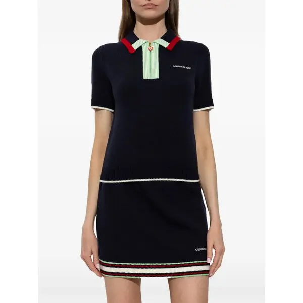 Casablanca Merino Wool Zip Polo Top With Embroidered Logo - Blue